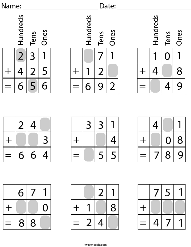 3 Digit Addition Fill In The Missing Numbers Math Worksheet Twisty 3 Digit Addition Fill In The Missing Numbers Math Worksheet Twisty